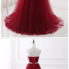 Dark Red Evening Dresses ,Net Pleat Beading Custom Made Lace-up Back ...