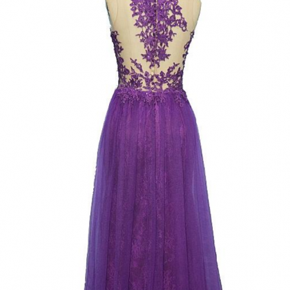 Purple A Line Long Evening Dresses Applique Scoop Neck Sleeveless ...