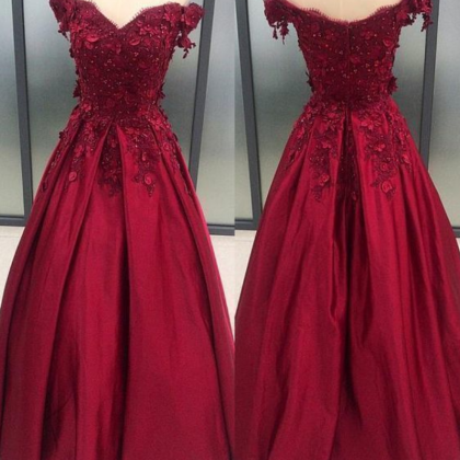 Charming Wine Red Appliques Prom Dress, Formal Off Shoulder Evening ...