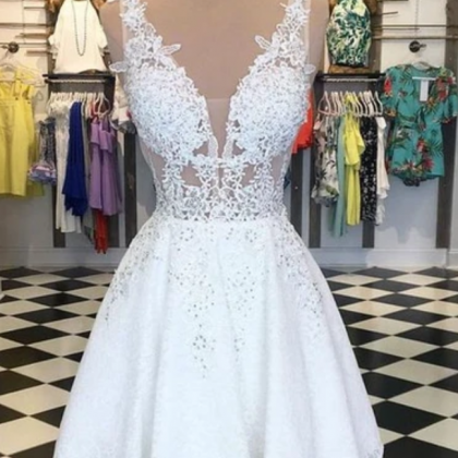 A Line V Neck Open Back Lace White Short Homecoming Dresses With ...