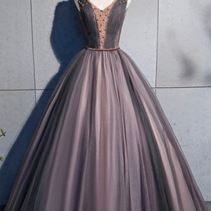 Coffee Tulle Crystal Beaded Long Lace Up Prom Dress, Coffee Evening ...