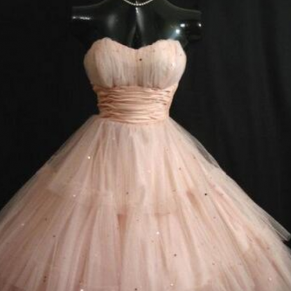 Shell Pink Prom Dresses, Strapless Layered Tulle Sequins Tea Length ...