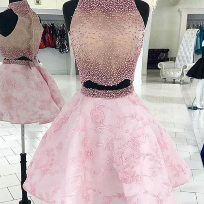 Chic Two Pieces A-line High Neck Homecoming Dresses, Short Prom Dress ...