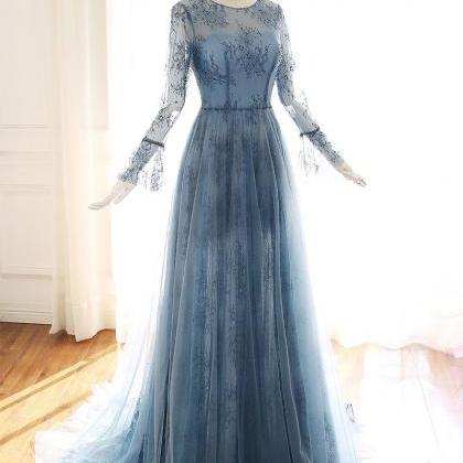 Elegant Tulle Lace Long Sleeve Formal Prom Dress, Beautiful Long Prom ...