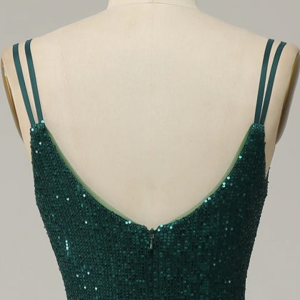 Dark Green Sequined Spaghetti Straps Prom Dress With Slit on Luulla
