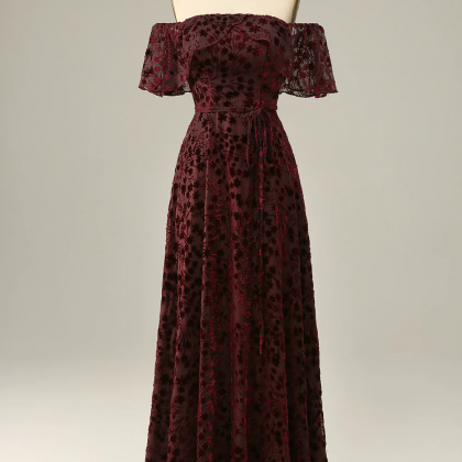 Burgundy Flower Off The Shoulder Evening Dress Party Dress on Luulla