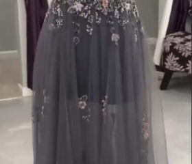 Modest Grey Long Prom Dresses With Beading, Unique Deep V Neck Evening ...
