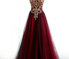 Charming Wine Red Cap Sleeves Long Tulle Evening Gown, Long Formal ...