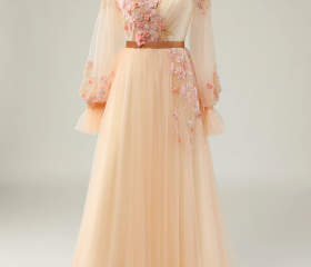 Elegant A Line V Neck Apricot Long Prom Dress With Appliques on Luulla