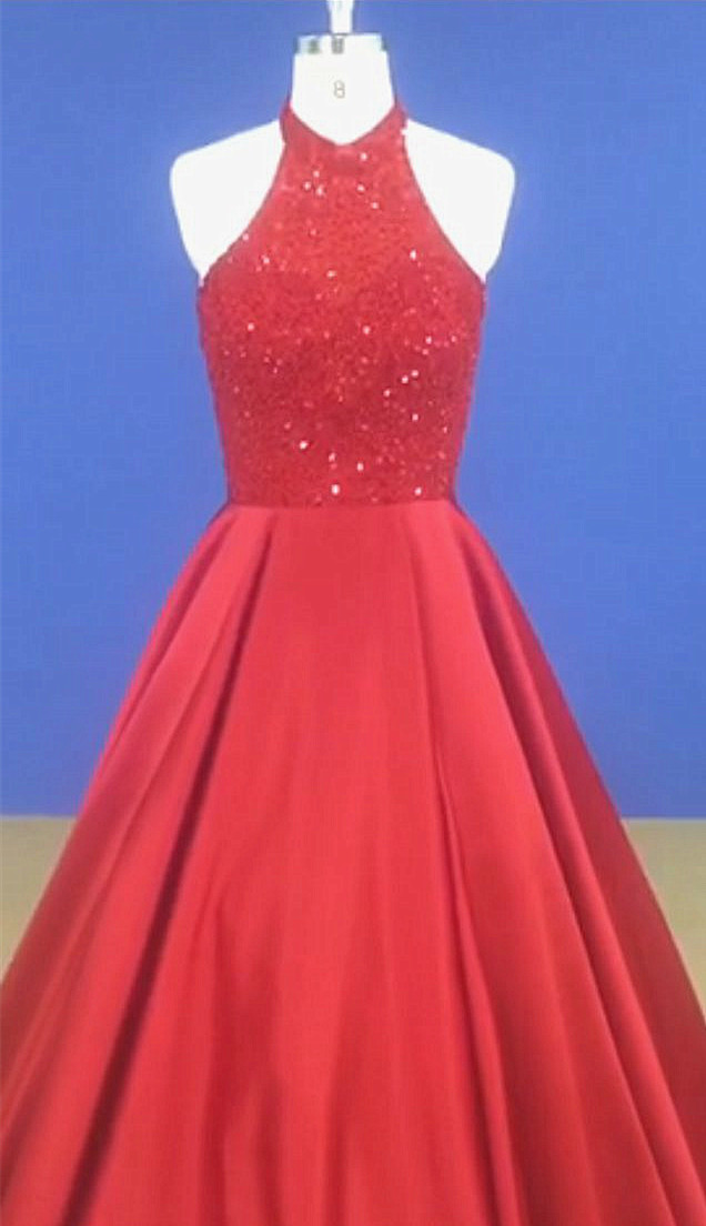 Red Halter Prom Dress,long Prom Dress,beading Prom Dress,sexy Evening ...