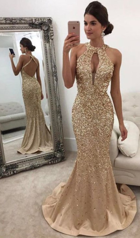 Gorgeous Backless Formal Dress Mermaid Halter Sleeveless Crystals Prom ...