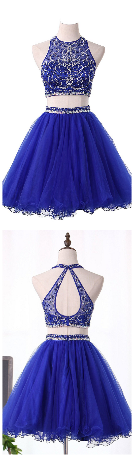 Two Piece Homecoming Dresses Halter Beaded Bodice Short Prom Dresses on ...