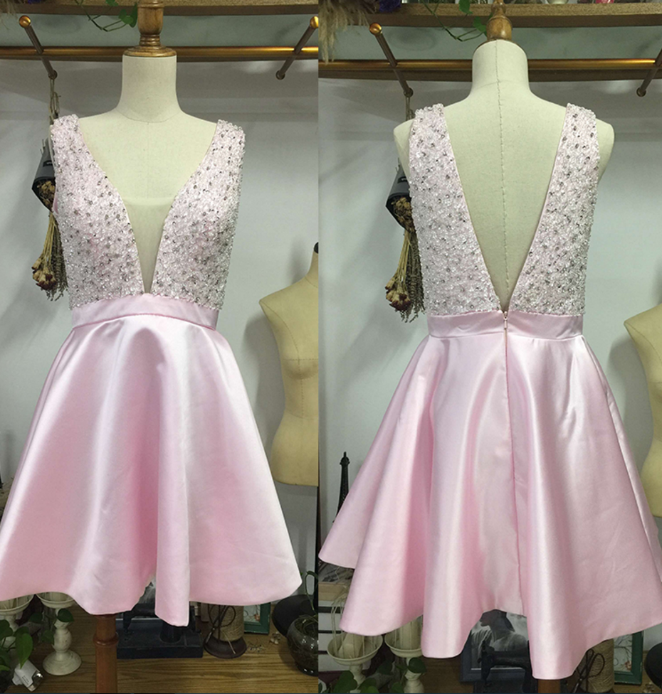 Pink Homecoming Dresses,short Homecoming Dress,v-neck Beaded Homecoming ...