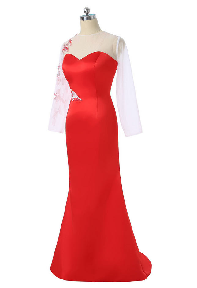 Red Evening Dresses Mermaid Long Sleeves See Through Satin Embroidery ...