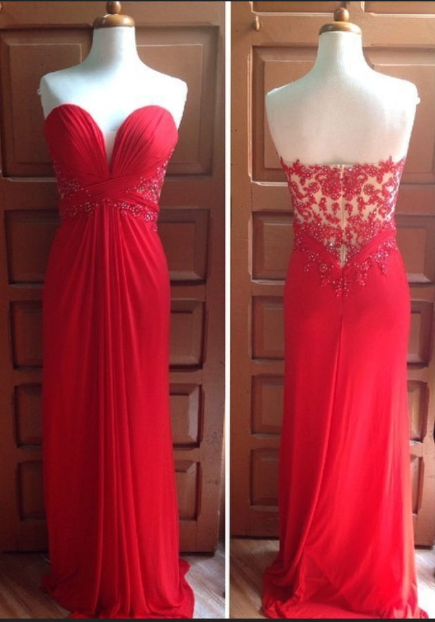 Sweetheart Simple Red Chiffon Beaded Zipper Up Prom Dress/evening Dress ...