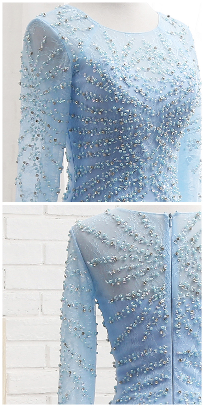 Light Blue Short Prom Dress Lace With Beaded Long Sleeved Cocktail ...