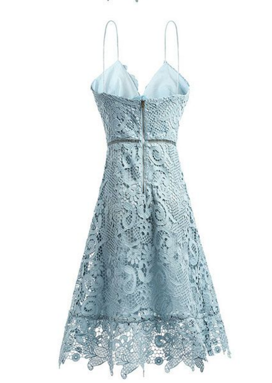 Light Blue Lace Plunge V Spaghetti Straps Knee Length A-line Dress on ...