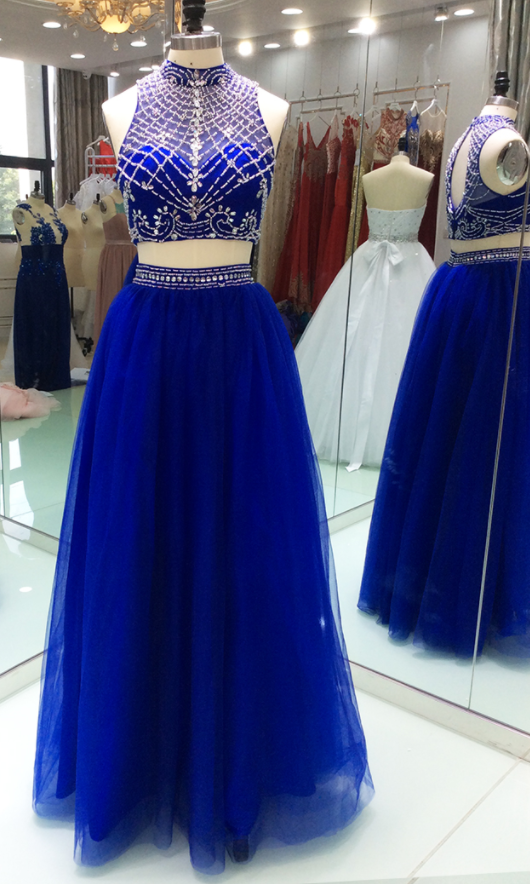 Modest Royal Blue Prom Dress 2 Pieces Tulle High Neck Keyhole Back With ...