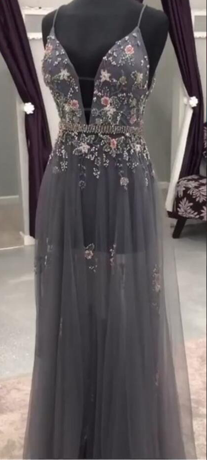 Modest Grey Long Prom Dresses With Beading, Unique Deep V Neck Evening ...