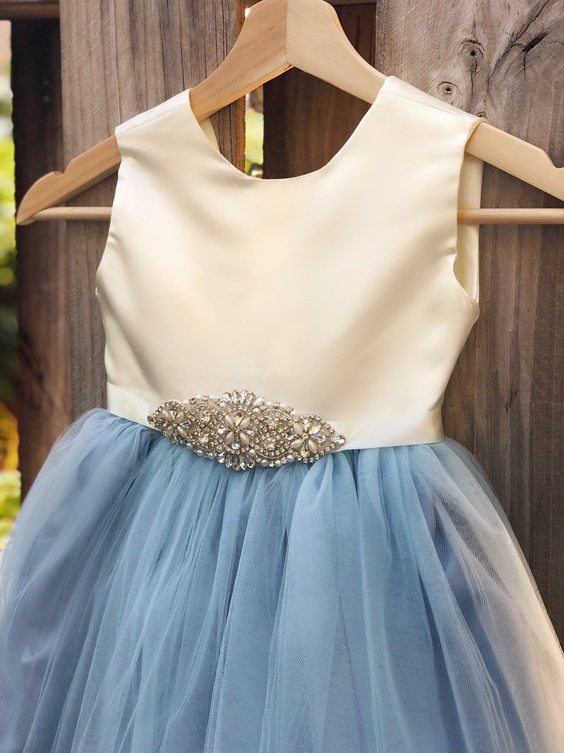 Dusty Blue Flower Girl Dress, Rhinestone Flower Girl Dresses, Sash ...