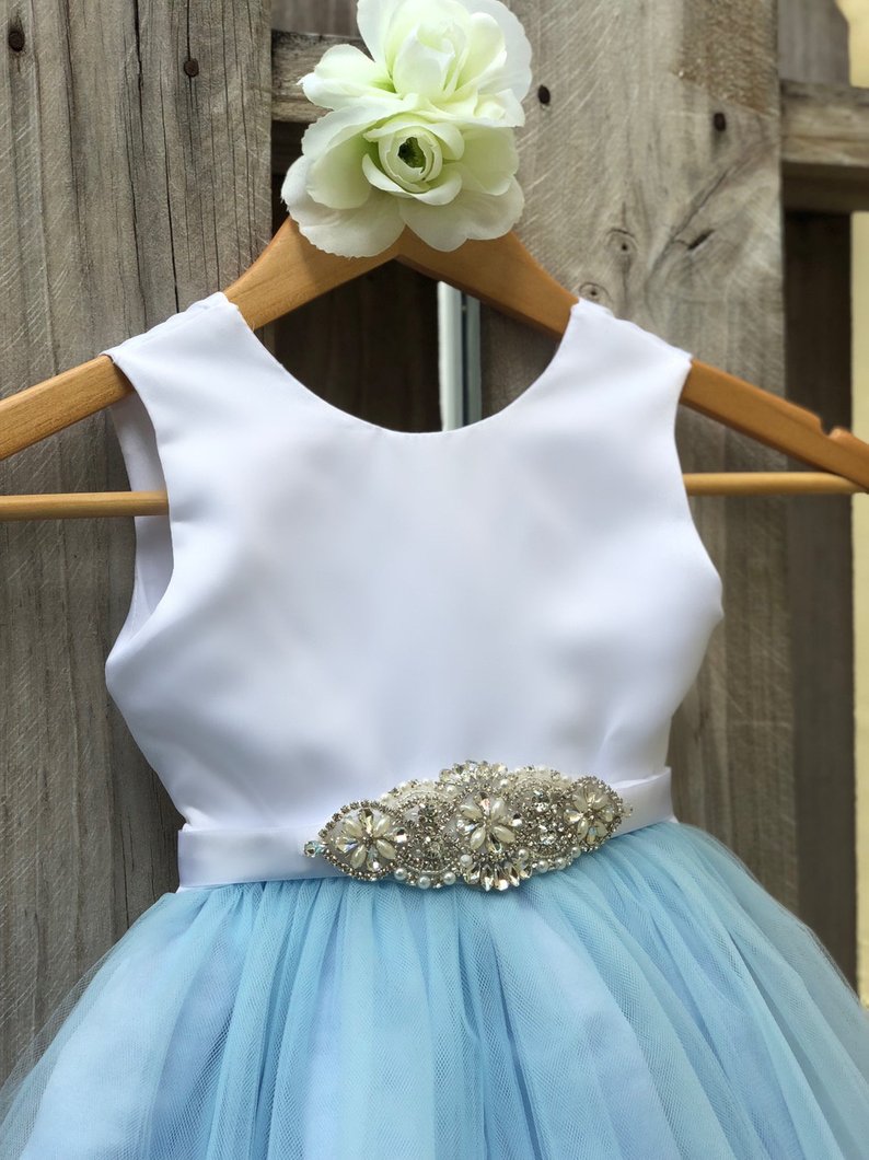 Dusty Blue Flower Girl Dress Rhinestone Flower Sash Elegant Satin Tulle ...