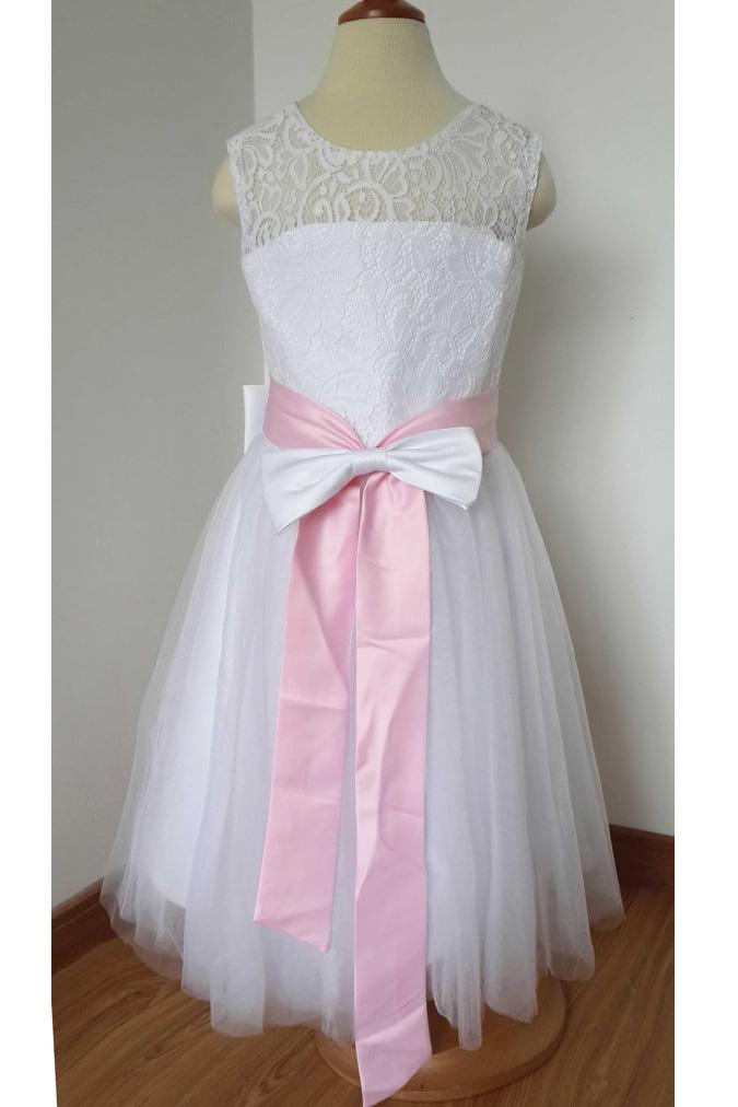 A Line Floor Length White Lace Tulle Flower Girl Dress With Pink Bow
