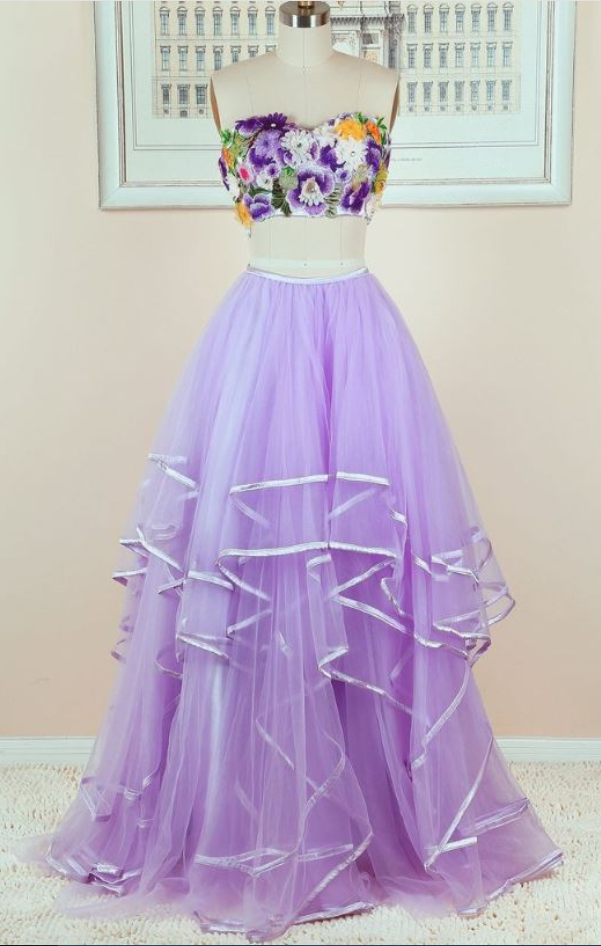 Chic A-line Two Pieces Sweetheart Prom Dress Floor Length Floral Lilac ...