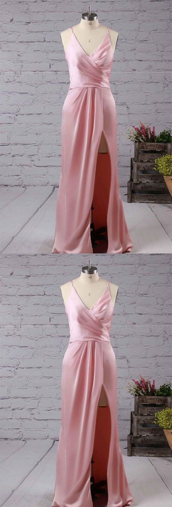 Pink V Neck Sleeveless Side Slit Prom Dress on Luulla