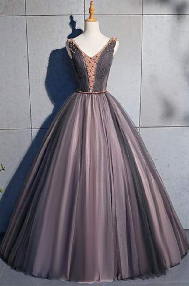 Coffee Tulle Crystal Beaded Long Lace Up Prom Dress, Coffee Evening ...