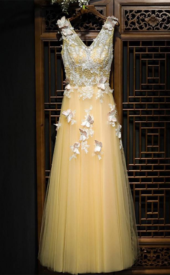 Charming Flowy Long Tulle V Neck Prom Dress With Lace Butterflies on Luulla