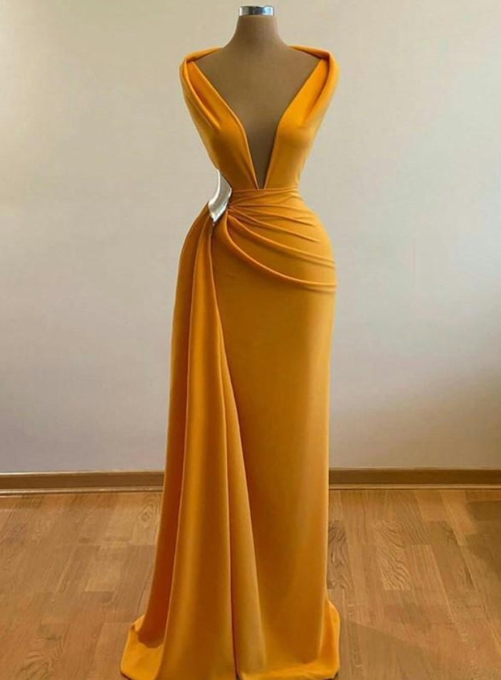 Yellow Mermaid Prom Dresses Deep V Neck Satin Sexy Evening Dress 2022 ...