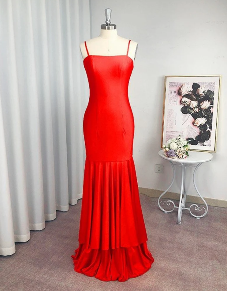 Prom Dresses Sheath Column Satin Sleeveless Layers Spaghetti Straps