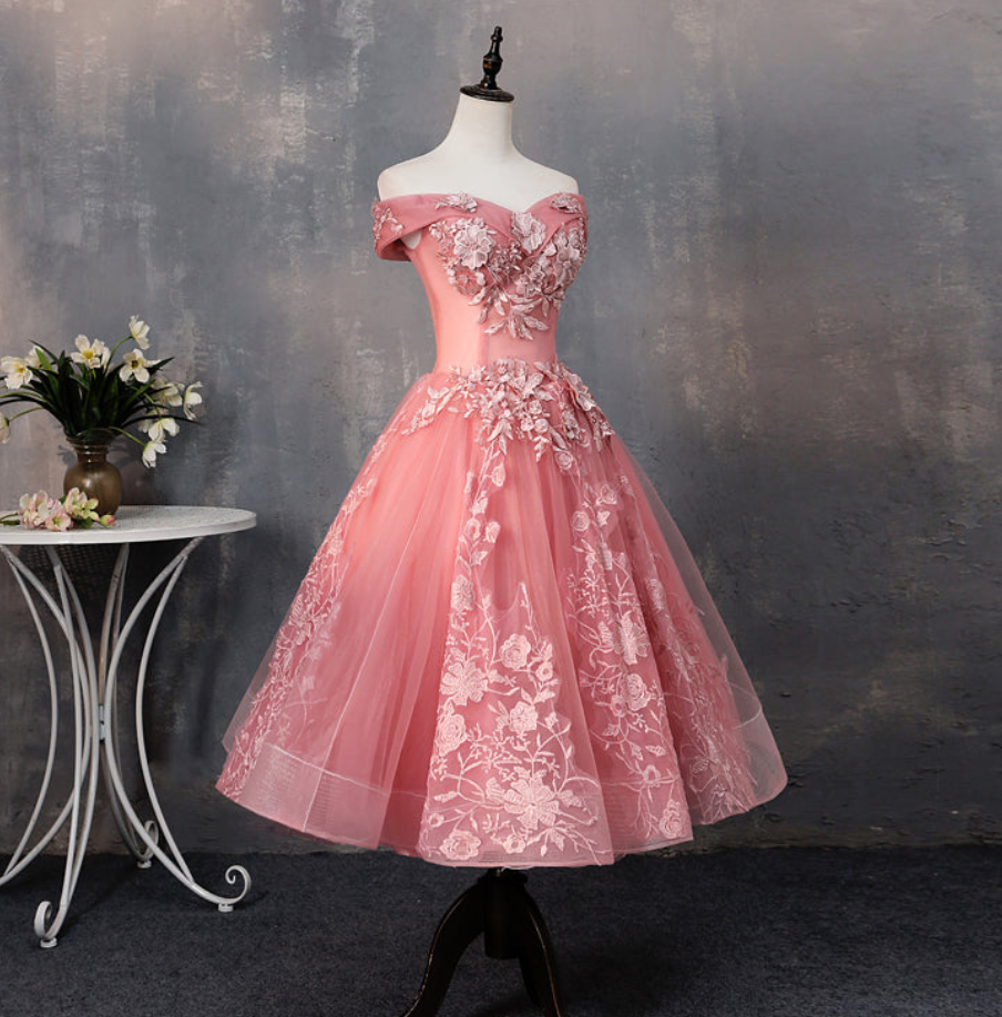 Prom Dresses Off Shoulder Tea Length Party Dress With Lace, Formal ...