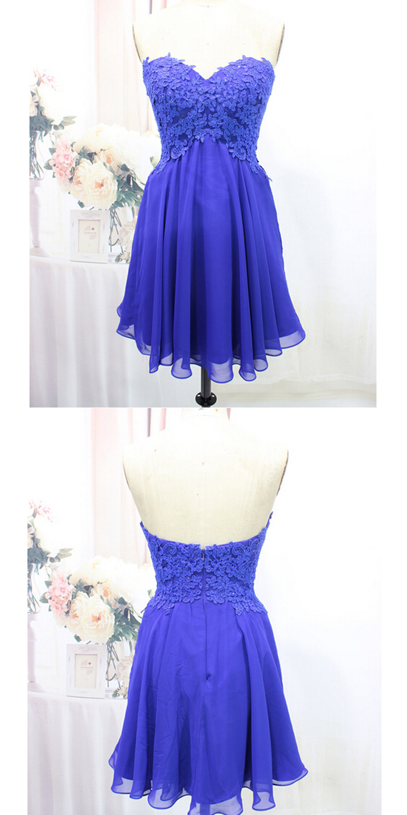 Royal Blue Short Dress With Appliques Lace on Luulla
