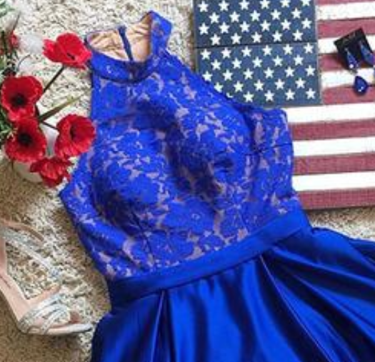 Royal Blue Lace Prom Dress, Halter Neck Mini Prom Gowns ,short ...