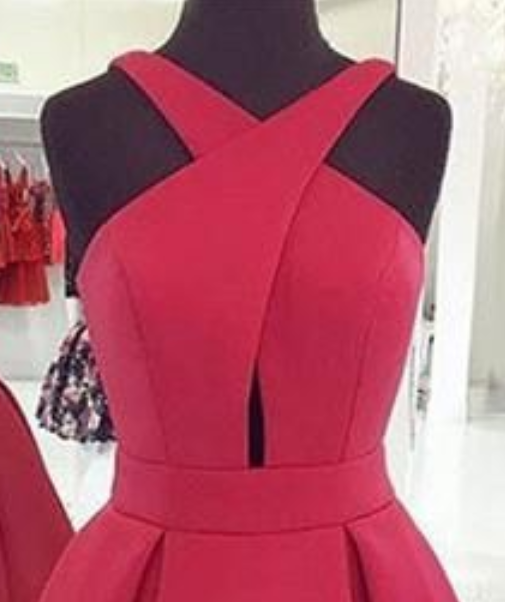 A-line Halter Keyhole Open Back Short Fuchsia Satin Homecoming Dress on ...