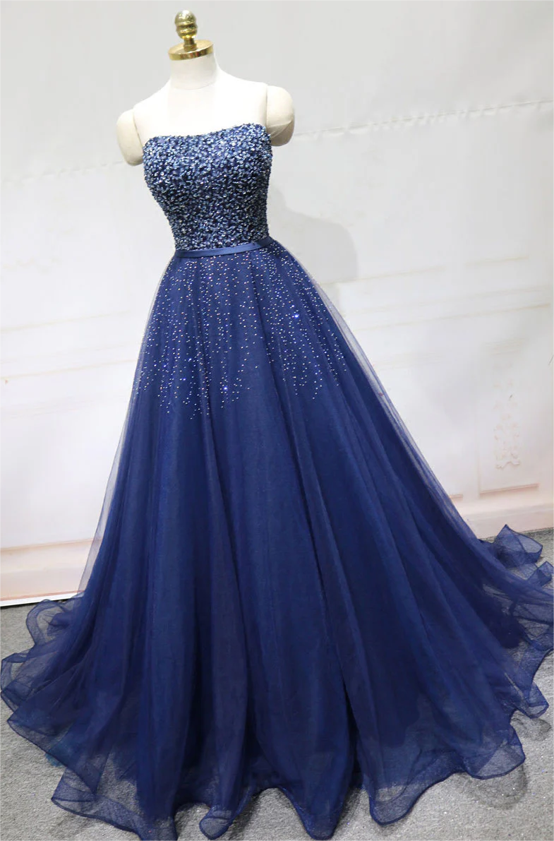 Prom Dress,dark Blue Tulle Sequin Long Prom Dress, Blue Tulle Formal ...