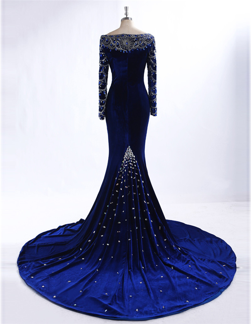 Blue Long Evening Dress Featuring Rhinestone Beaded V Neckline And Long ...