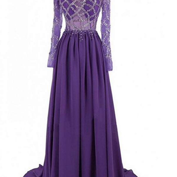 Sexy Sheer Beading Prom Dress For Women Evening Formal With Sleeves on ...