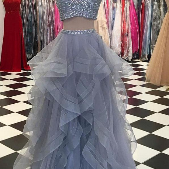 Charming Two Piece Gray Beaded Prom Dress,ruffles Tulle Off Shoulder ...