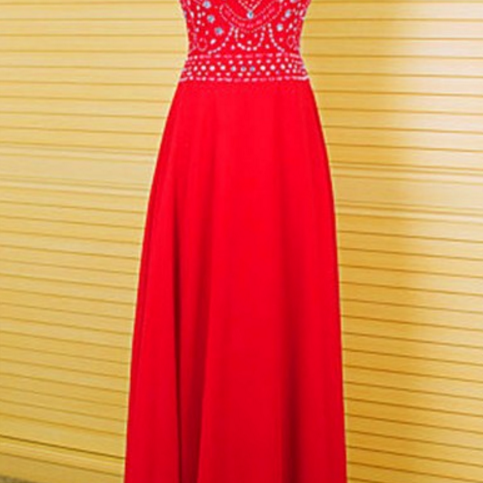 Red Long Elegant Backless Prom Dress Real Photo Chiffon Crystal Sheer ...