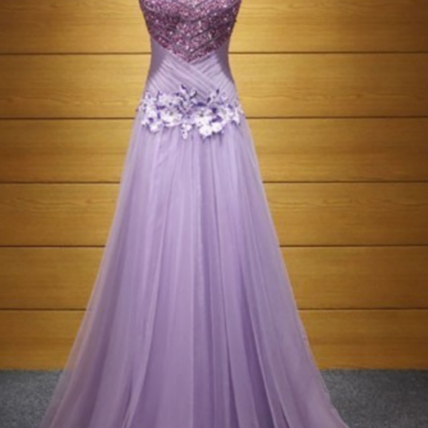 A Line V Neck Floor Length Tulle Prom Dress With Beading Backless Prom