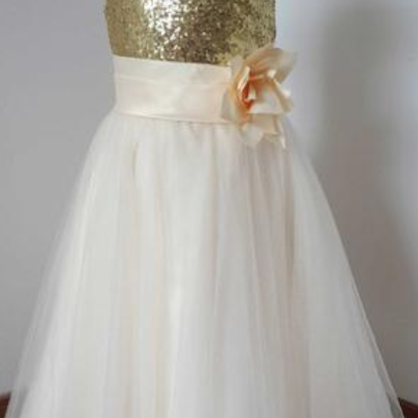 A Line Sleeveless Floor Length Gold Sequin Tulle Flower Girl Dress With