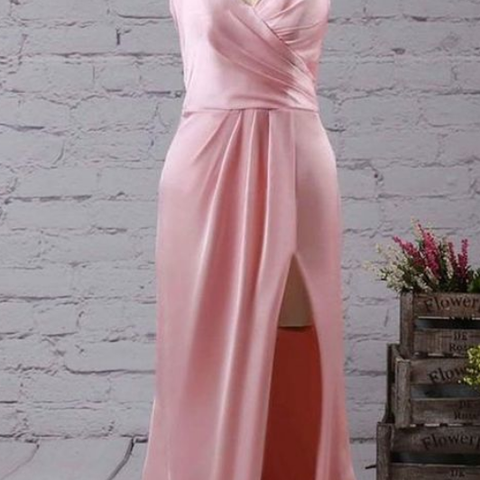 Pink V Neck Sleeveless Side Slit Prom Dress on Luulla