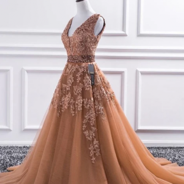 V Neck Lace Long Prom Dresses, Lace Formal Dresses, Evening Dresses on ...