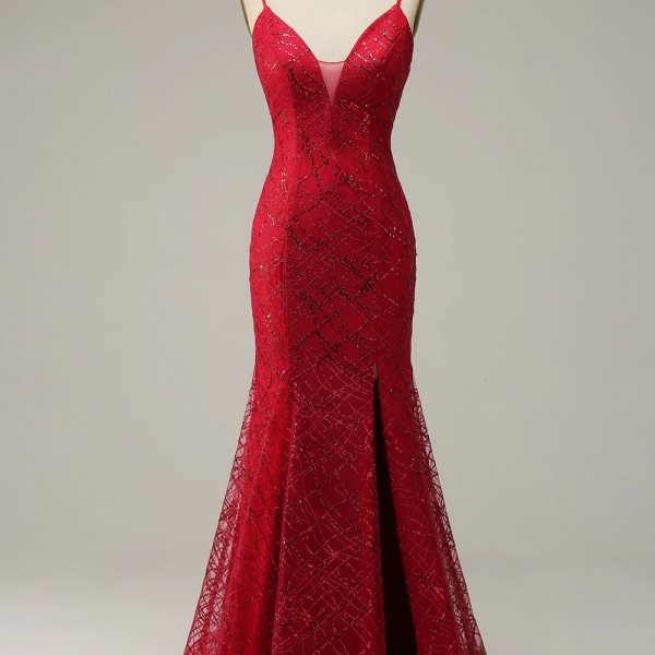 Dark Red Spaghetti Straps Mermaid Prom Dress With Slit Evening Dress ...