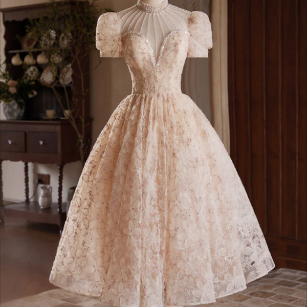 Unique Round Neck Applique Tulle Long Prom Dress, Tulle Evening Dress ...