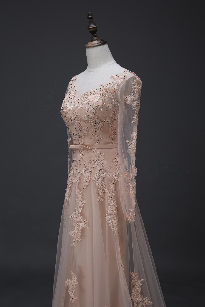Real Photo See Through Long Evening Dress Long Sleeves Champagne Prom ...