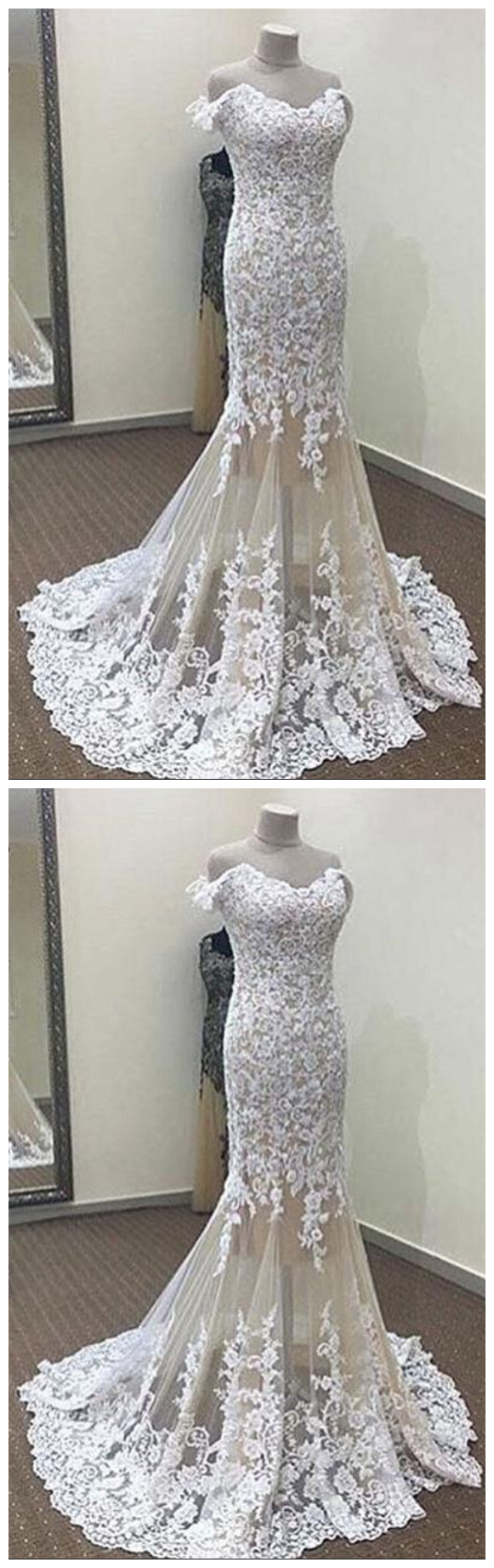 White Mermaid Off-the-shoulder Prom Dresses Long Lace Evening Dress on ...