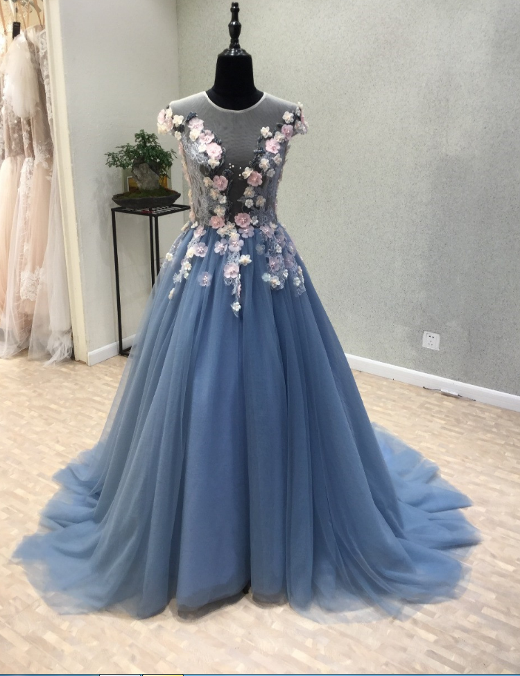 2018 Prom Dresses,a-line Prom Dresses,blue Prom Dresses,hand Flowers ...